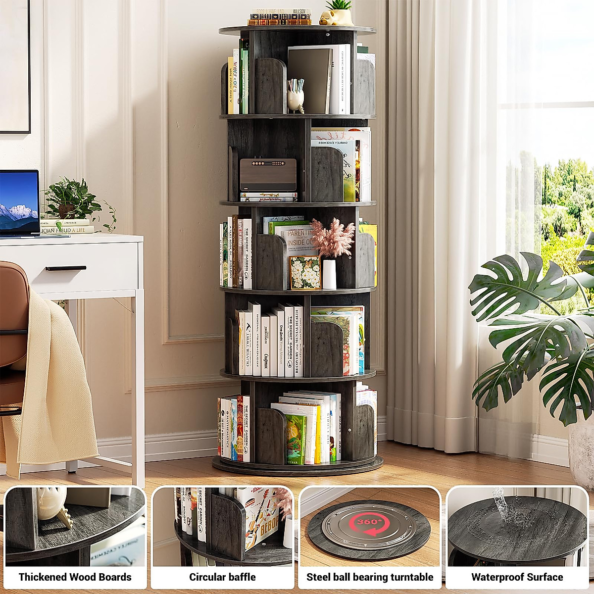 Aheaplus Rotating Bookshelf, 360 Display Wood Spinning Bookshelf Tower, 5 Tier Floor Standing Bookcase Storage Rack, Revolving Bookcase Corner Bookshelf for Small Space, Bedroom, Study Room,Black Oak