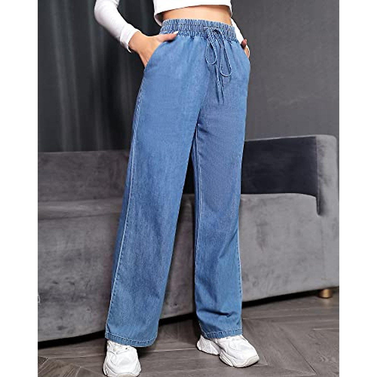 Women's Classic Denim Jeans Wide Leg Elastic High Waist Drawstring Pants with Pockets