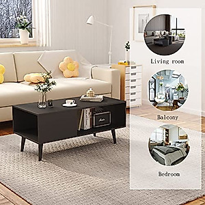 Yusong Modern Wood Coffee Table for Living Room, Retro Mid-Century Center Tables Cocktail Table with Storage Shelf for Reception, Black