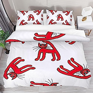 DragonBtu Red Cat 3 Piece with 2 Pillow Shams Comfortable Print Bedding Set Soft Comforter Cover Set for Women Girl