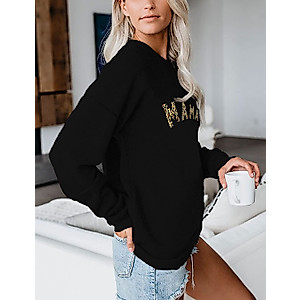 Tomteamell Women's Mama Crewneck Sweatshirts Long Sleeve Cheetah Print Leopard Mom Shirts XL Black