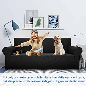 MAXIJIN Super Stretch Couch Cover for 3 Cushion Couch, 1-Piece Universal Sofa Covers Living Room Jacquard Spandex Furniture Protector Dogs Pet Friendly Fitted (Large, Black)