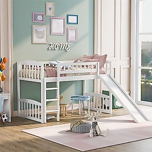 Harper & Bright Designs Kids Low Loft Bed with Slide, Twin Loft Beds for Kids, Wood Loft Bed Frame with Ladder for Boys and Girls, No Box Spring Needed, White