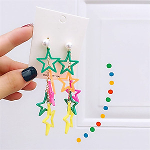 CHUNYANAN Boho Charm Hollow Colorful Acrylic Five-pointed Star Exaggerated Dangle Drop Earrings Color Five Stars With Pearl Drop Earrings Sparkly Chic Jewelry Gift (Colorful Acrylic Five-pointed Star)