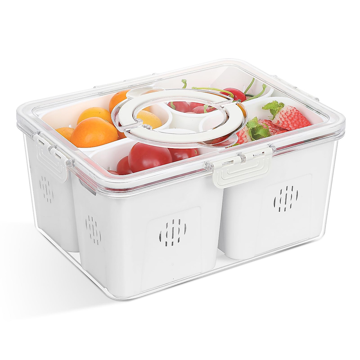 Dualshine Airtight Fruit Storage Containers for Fridge with lid and Handle,4 Removable Colanders,Food Storage Container for Fruit, Vegetables,Fresh Produce Saver,Great Refrigerator Organizer Bins