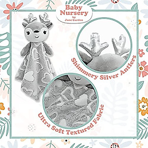 June Garden Cozy Dream Fleece Baby Security Blanket - Infants Nursery Bed Blankets - 15 x 15 inches Lovey - Stuffed Deer Animal Plush - Grey