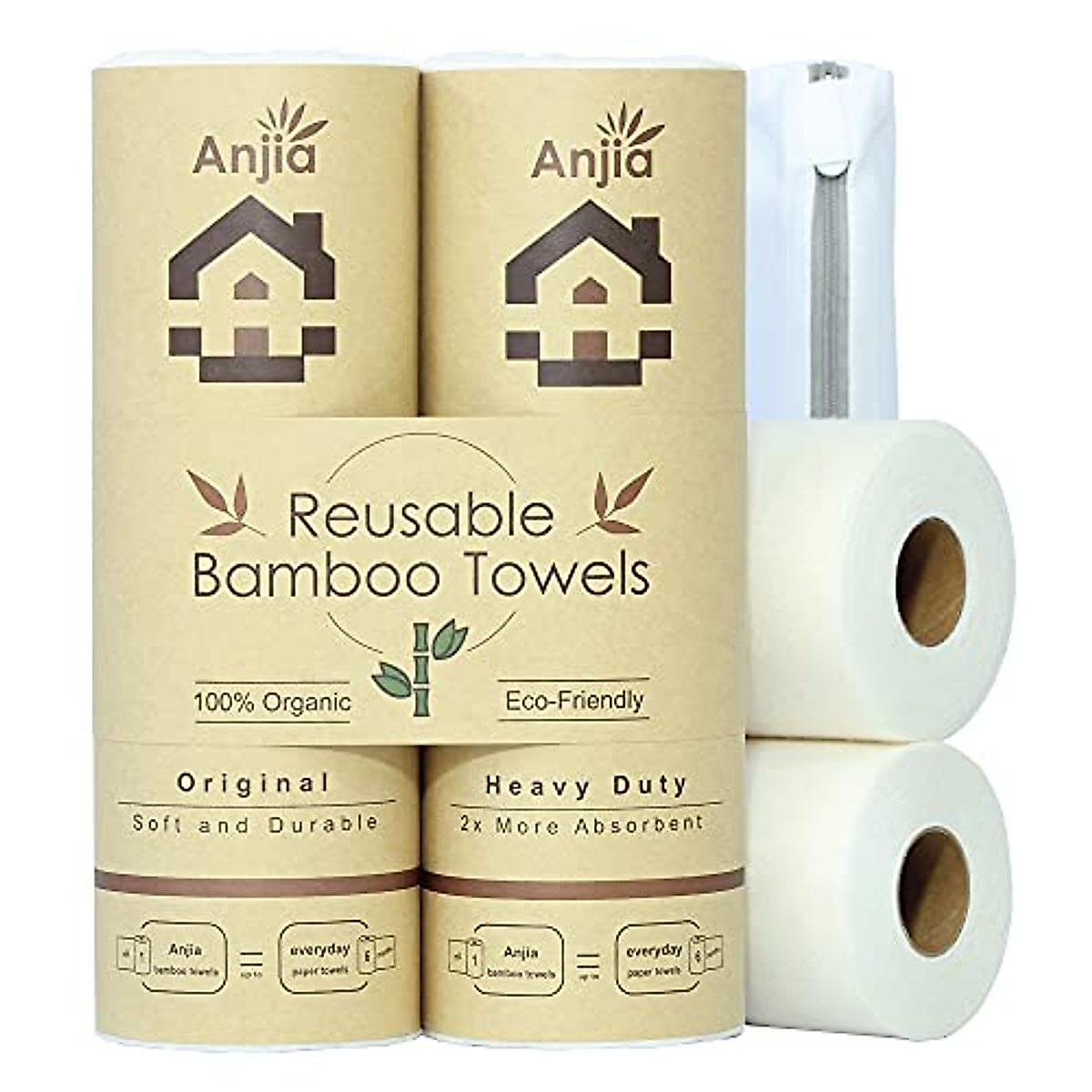 ANJIA® Reusable Bamboo Towels (2-Roll Set), 70 Sheets, A Wash Bag Included - Great as Regular Paper Towels, Microfiber Cleaning Cloth, Swedish Dishcloths and Cleaning Rags - Eco Friendly Products