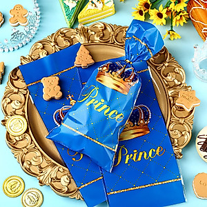 100 Pcs Royal Prince Party Favor Bags Plastic Gift Bags Blue Candy Bags with Ties Treat Bags Goodie Bags with 150 Pcs Gold Twist Ties for Birthday Party Baby Shower Supplies, 5 x 11 Inch