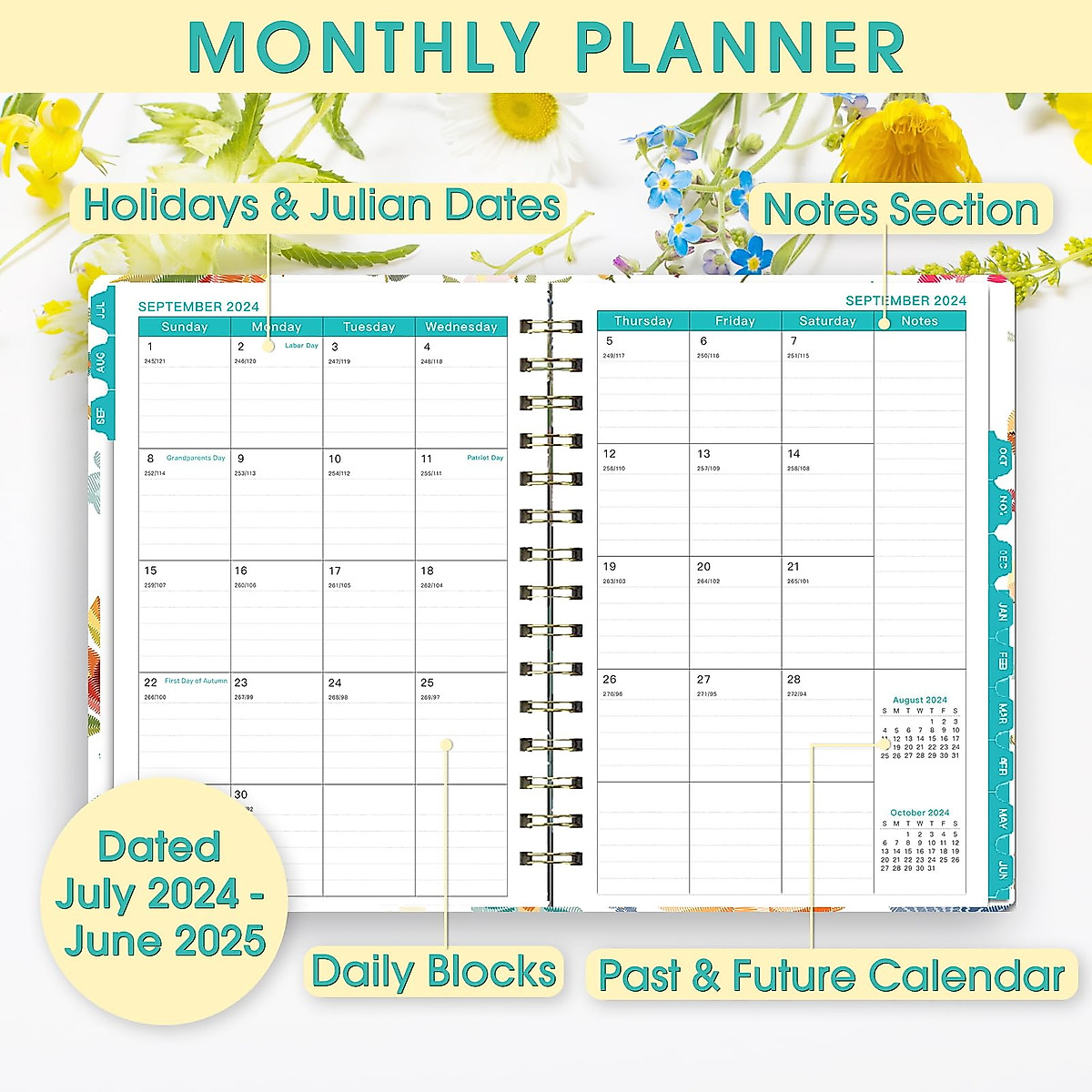 Ymumuda 2024-2025 Planner, 12-Month Daily Weekly Monthly Planner from JUL.2024 to JUN.2025, 8.4" X 6", Spiral Planner Notebook with Stickers, Elastic Closure, Inner Pocket, Colorful Embroidery