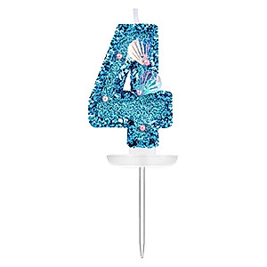 3 Inch Birthday Number Candle, Blue Shell Sequins Number Candles Glitter Number Candle Cake Numeral Candles Cake Topper for Birthday Anniversary Mermaid Themed Party (4)