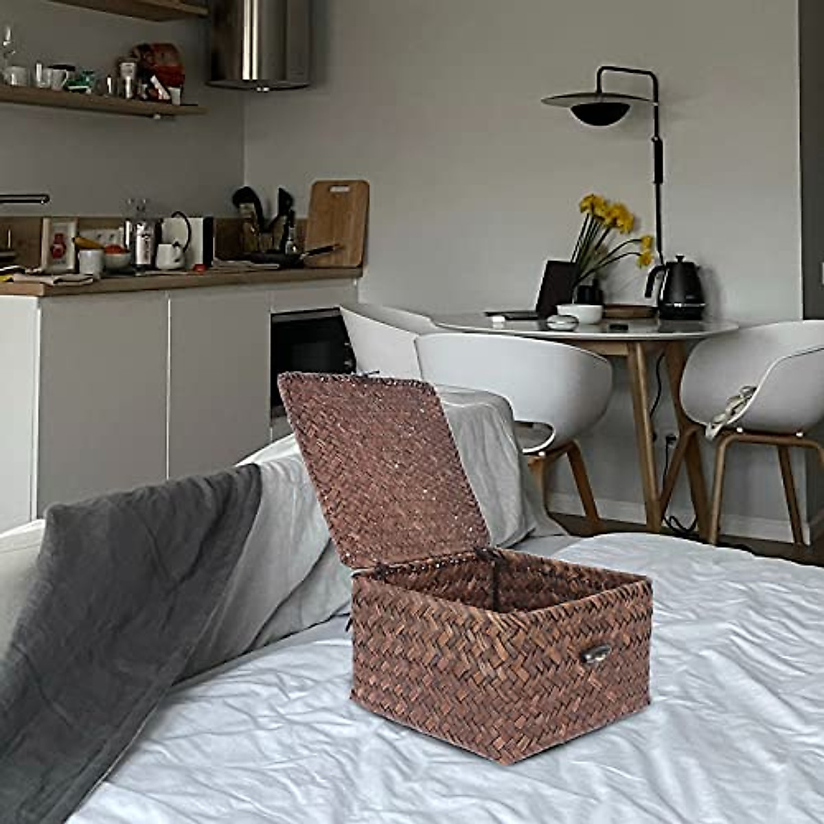 Cabilock Home Storage Basket 3 pieces Woven Basket Seagrass wicker basket with lid Decorative Storage Boxes With Lids Basket With Lid Rattan Storage Basket Rattan Storage Basket