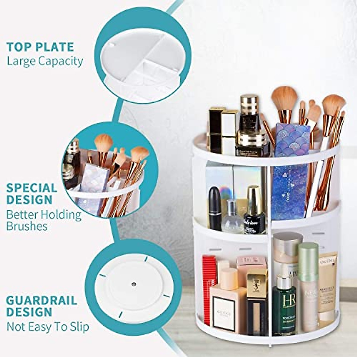 alcora life 360 Rotating Makeup Organizer, Makeup Spinning Organizer Rotating Organizer Desk for White Makeup Holder Lazy Susan Organizer Dresser- 7 Adjustable Layers with 4 Trays
