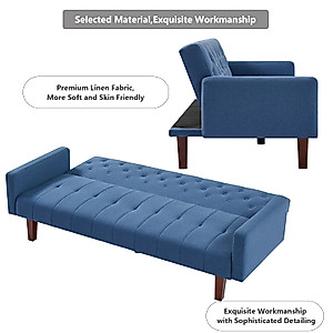 mikibama Tufted Linen Futon Sofa Couch Bed for Living Room Convertible Fabric Blue Upholstered Sleeper Futon Guest Bed Twin Size with Solid Wood Legs for Small Spaces
