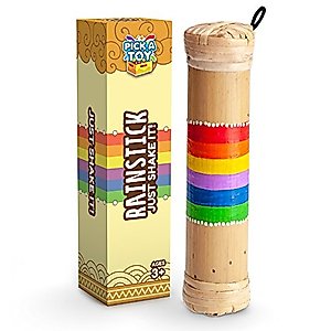 PICK A TOY Bamboo Rainstick Rain Shaker Sensory Toy Musical Instrument for Kids and Adults, Lightweight and Easy to Use Music Game, Rainbow Colored Rain Maker – with Gift Box