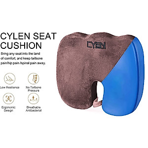 CYLEN Home Office Seat Cushion - Comfort Memory Foam Chair Cushion with Cooling Seat Cushion for Car and Wheel Chair - Washable & Breathable Cover (Brown)