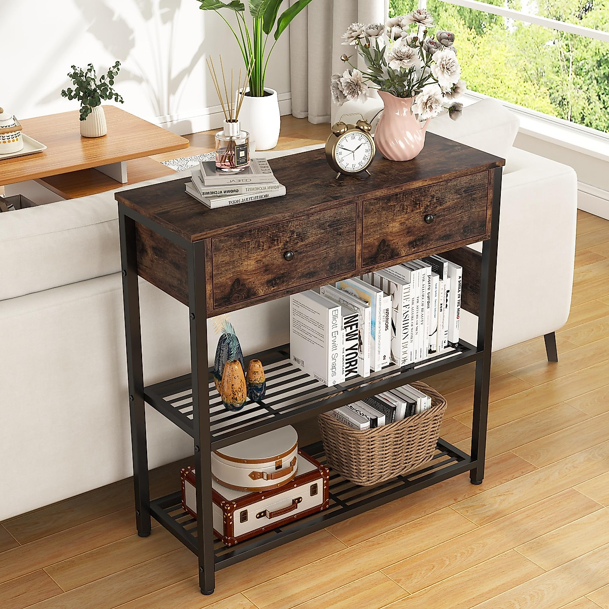 Rustic Industrial Console Table, Sofa Table ，Narrow Side Table with 2 Fabric Drawers, Small Entrance Table with 3 Storage Shelves, Side Table for Living Room, Hallway（31.5，Brown and Black）