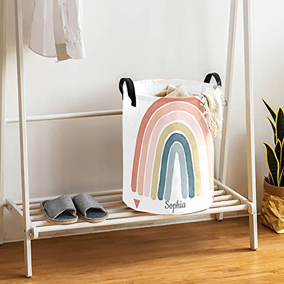 Large Storage Rainbow Colorful Personalized Tall Collapsible Laundry Basket with Name Foldable Hamper for Dirty Cloth Toys