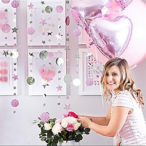 Glitter Pink Silver Circle Dot Garland Twinkle Little Star Decoration Polka Dots Streamer Backdrop Banner Girls Birthday Party Decor/Baby Shower/Wedding/Engagement/Anniversary/Sweet 16/Bridal Shower