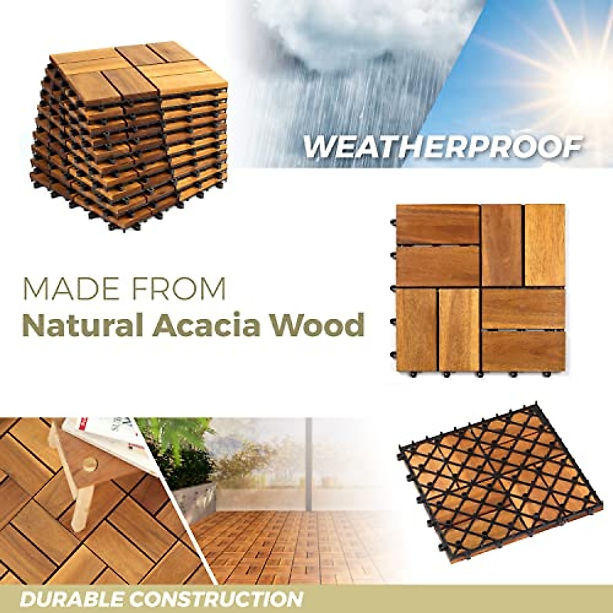 Wood Interlocking Flooring Tiles (Pack of 10, 12" x 12"), Solid Wood Acacia Deck Tiles Interlocking, Patio Tiles Outdoor Interlocking Waterproof All Weather (8 slat, Natural Color)