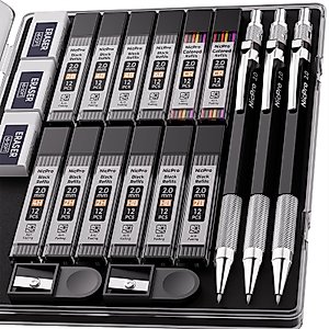 Nicpro 2mm Metal Mechanical Pencil Set with Case, 3PCS Lead Pencil Holder 2.0 mm with 144PCS Lead Refills (4H 2H HB 2B 4B 6B Color), Eraser, Sharpener for Drafting Writing Drawing Sketching