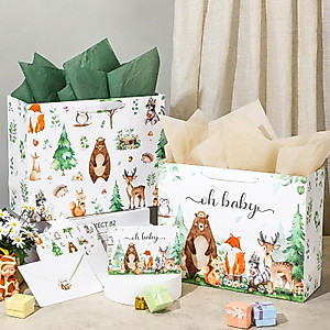 Buryeah 2 Pack 13" Large Baby Gift Bags with Tissue Paper Greeting Cards, Woodland Animal Paper Gift Wrap Bag with Handles and Envelopes for Baby Shower Kids Birthday Party