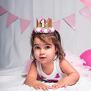 Haomaomao Baby Birthday Crown, Girls Party Hat Princess Gold Flower Tiara Photo Props Decorations Birthday Gifts (1st Birthday Crown)