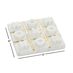 Deco 79 Marble Tic Tac Toe Game Set with Gold Inlay, 6" x 6" x 1", White