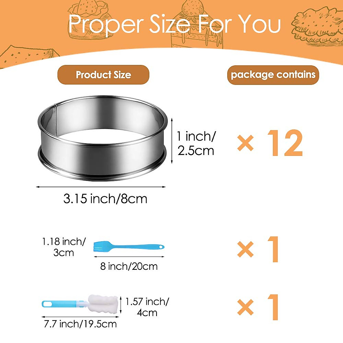 Gutsdoor 12 Pieces Muffin Tart Rings Crumpet Tart Rings Stainless Steel Metal Round Double Rolled English Muffin Rings Mold 3.15 Inch with Free Silicone Oil Brush, Cleaning Brush for Home Baking Tools