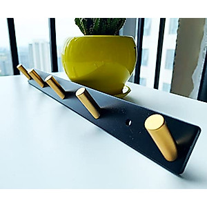 Estrend Wall Mounted Coat Rack Adhesive & Screw in Aluminium Entryway Rack Black and Gold Robe Towel Hooks, 5 Hooks, 13.4"