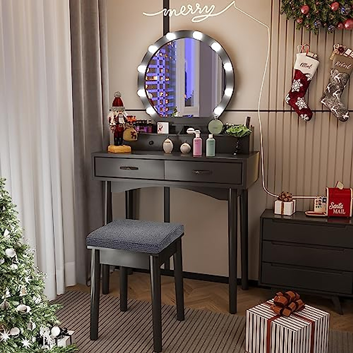 ISHARINGTIME Vanity Table, Vanity Desk with Lighted Mirror, 4 Drawers Makeup Table with Soft Cushioned Stool for Bedroom Studio (Black) TYVT010BK