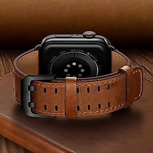 OUHENG Leather Bands Compatible with Apple Watch Band 49mm 45mm 44mm 42mm, Genuine Leather Replacement Band Strap Wristband for iWatch Ultra Series 8 7 6 5 4 3 2 1 SE2 SE Men Women, Retro Brown/Black