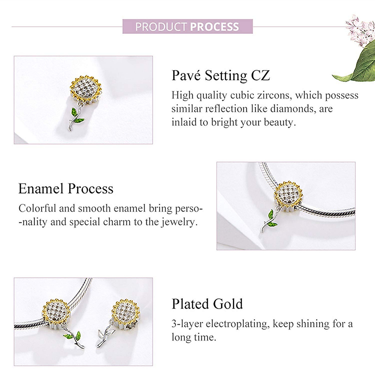 Sunflower Charm Fit Pandora Charms Bracelet and Necklace You Are My Sunshine Charm Gifts for Women Sparkling AAA Zircon Paved