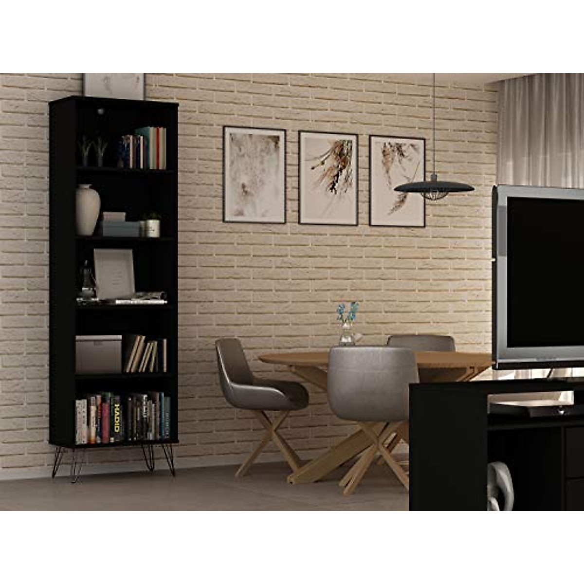 Manhattan Comfort Rockefeller Mid Century Modern 5 Shelves Home Office Bookcase with Metal Legs, 21.26", Black