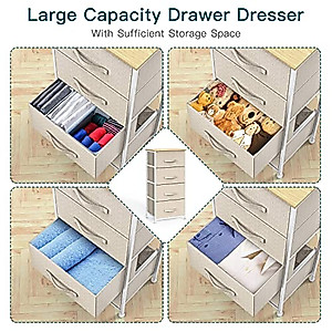 Pipishell Dresser with 4 Drawers, Tall Storage Tower with Sturdy Steel Frame Wood Top，Fabric Dresser Organizer Unit for Bedroom, Hallway, Entryway, Closets, Nursery Room