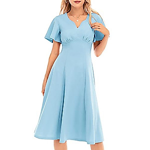 Church Dress Fit and Flare Modest Tea Party Dresses for Women, Tea Length Prom Graduation Homecoming Dress for Junior Teen, Semi Formal Wedding Guest Dress, Aline Cocktail Party Dress Blue L