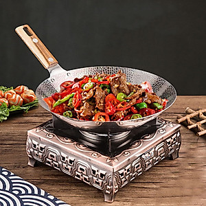 Luxshiny Wok Pan Non-stick Stainless Steel Stir Fry Pans With Wooden Handle 24cm Traditional Hand Hammered Round Bottom Woks Cooking Pot Cookware For Gas Induction Or Electric Stove