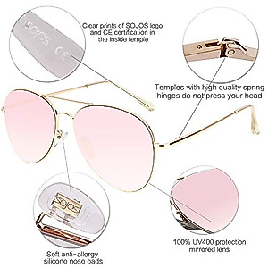 SOJOS Classic Aviator Sunglasses for Women Men Metal Frame Spring Hinges SJ1030, Gold/Pink