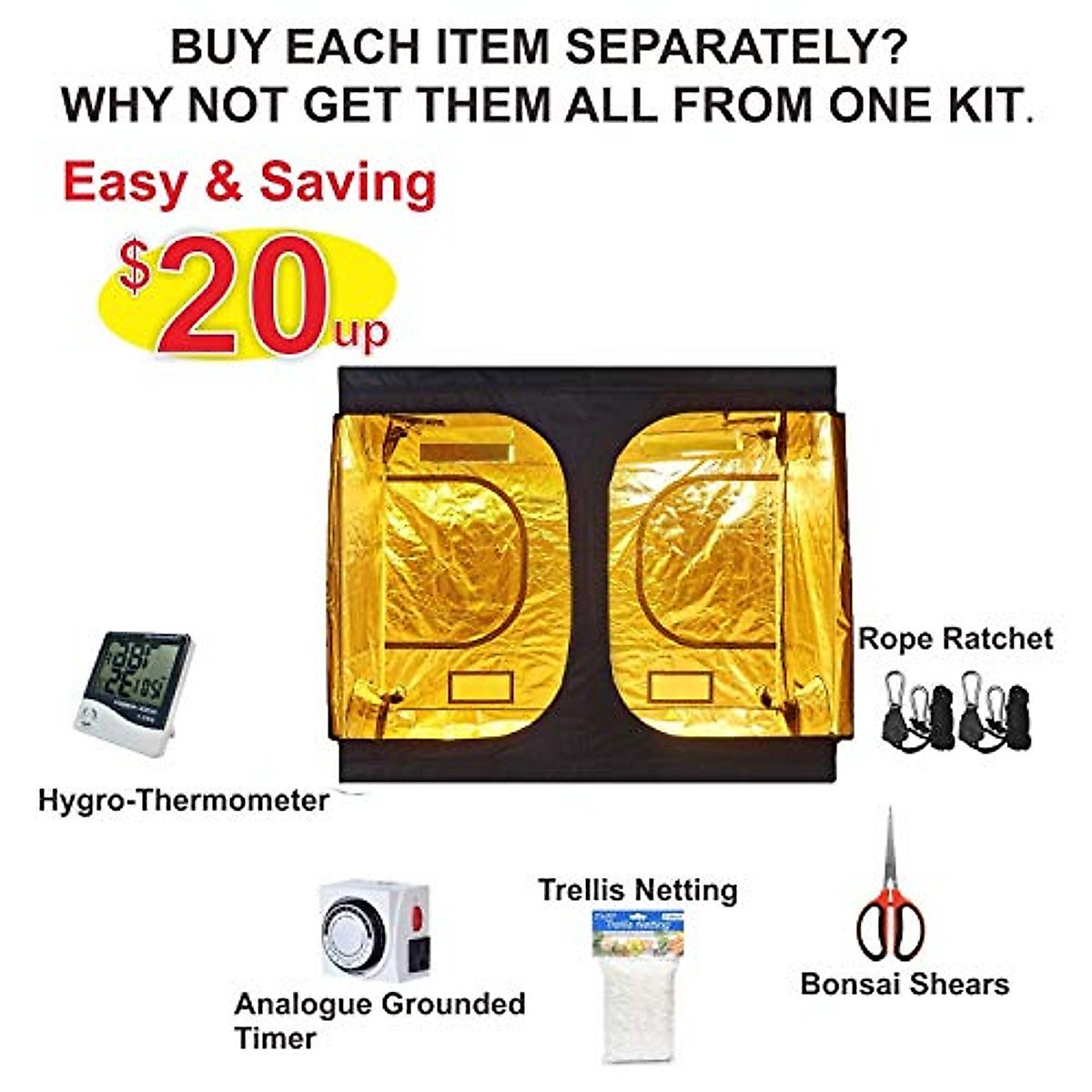 TopoLite Grow Tent Kit 120"x60"x80" Indoor Plants Dark Room+2Pcs Grow Light Hangers+1-pack 5x15ft Plant Trellis Netting+1Pcs Timer+1Pcs 60mm Bonsai Shear+1Pcs Thermometer Hygrometer (120"x60"x80" Kit)