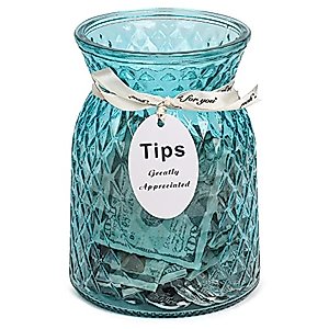 Glass Tip Jar for Bartenders, Musicians, and Restaurants - Large Money Jar for Collecting Tips. (BLUE)