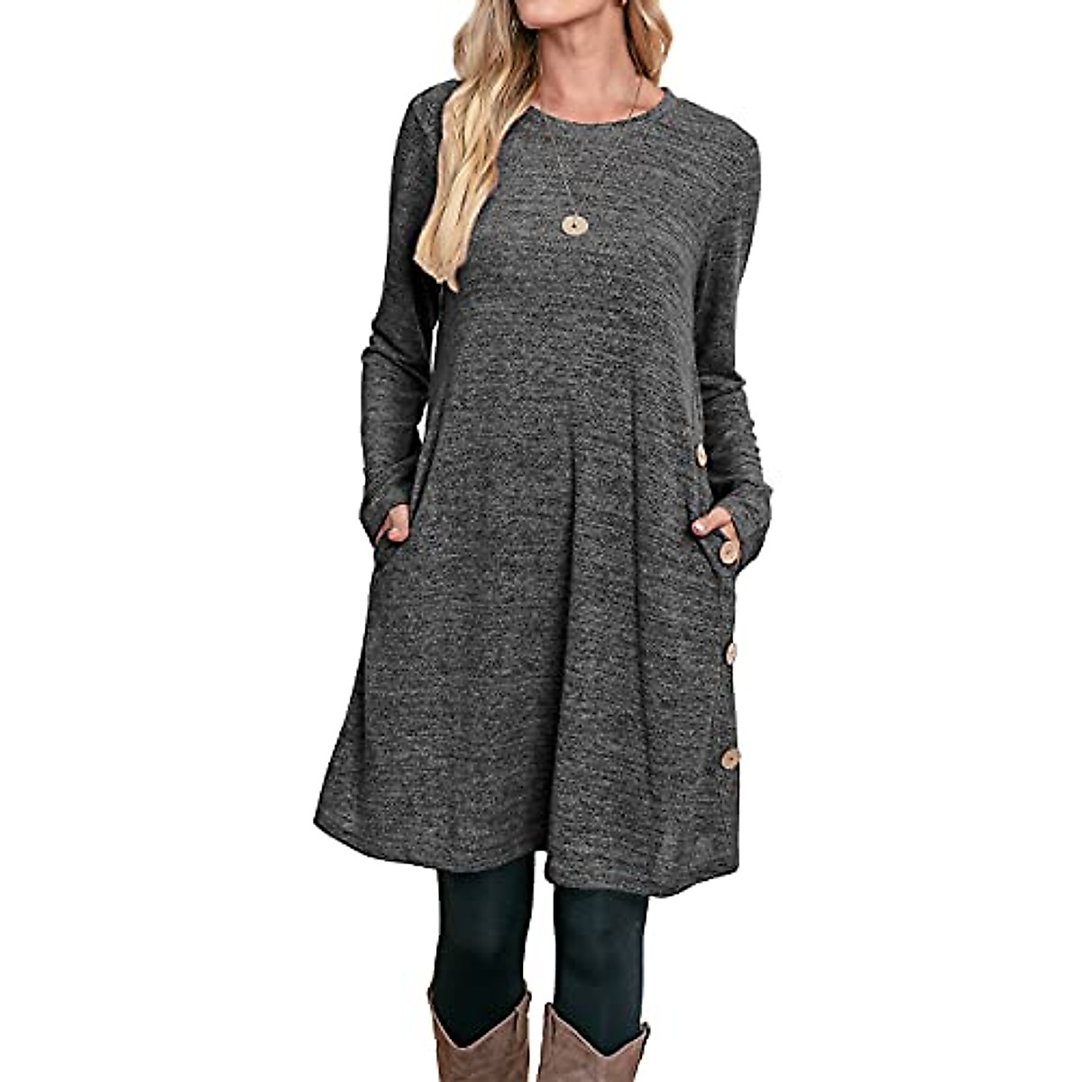 OFEEFAN Long Sleeve Dress Tunics for Women to Wear with Leggings Dark Grey L