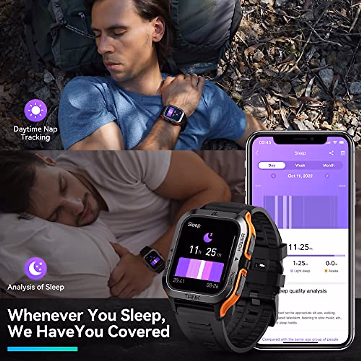 AMAZTIM Smart Watch for Men,60days Extra-Long Battery Life(Call Receive/Dial), 50M Waterproof,Rugged Military Fitness Watch for iPhone Android,70 Sports,1.85" Heart Rate Sleep/Blood Pressure Watch