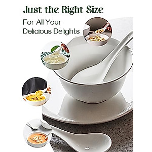 DOWAN Soup Spoons, Ceramic Chinese Soup Spoons, Asian Soup Spoons, White Japanese Spoon Large for Ramen Pho Wonton Dumpling Miso, Deep Oval Hook Design, Set of 6