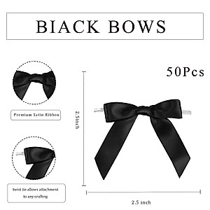 Satin Ribbon Black Bow Decor 2.5" Premade Pink Twist Tie Bows for Gift Wrapping Black Bow for Treat Bags Party Favors Wedding Decorations - 50 Counts