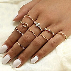 GRAEEN Knuckle Rings Index Finger Rings Hollow Love Rose Gold Ring Sets for Women (Pack of 9) (Style 1)