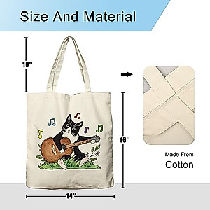 Dlzdn Music Cat Canvas Tote Bag For Women Aesthetic Funny Cute Tuxedo Cat Playing Guitar Tote Bag Shopping Grocery Bag Beach Bag Gifts for Women Teacher Bag Reusable Grocery Bag
