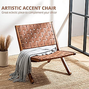 LUE BONA Folding Woven Leather Accent Chairs Set of 2, Cognac Leather Woven and Brown Wood, Midcentury Modern Lounge Chair, Scandinavian Rattan Low Chair for Living Room, Bedroom, Patio, Balcony