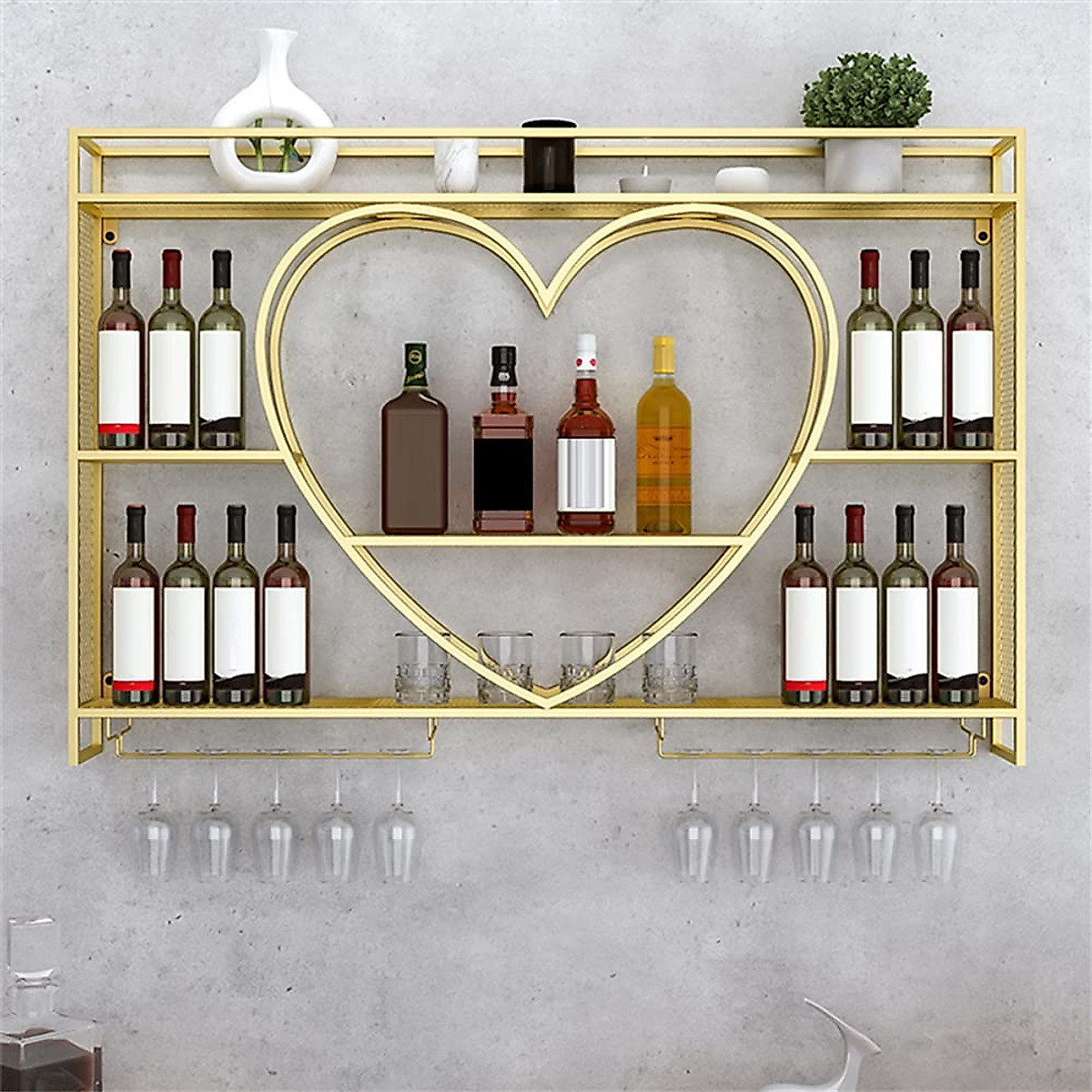 LITFAD Modern Wall Mounted Wine Rack Metal Wine Bottle & Glass Rack Iron Display Stand Wine Holder with Shelves - 1 Piece Gold Heart Shape