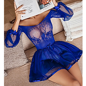 Avidlove Lingerie for Women Halloween Pajamas Women Long Sleeve Babydoll Dress Lace Fish Nets Mesh Chemise Boudoir, Blue, XL