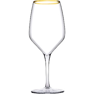Biandeco Gold Rim Wine Glasses With Long Stem Set of 6, Laser-Cut Tempered Rim Crystal Clear Elegant Glassware for Drinking Wine, Sturdy Premium Blown Chalices, 15.9 oz