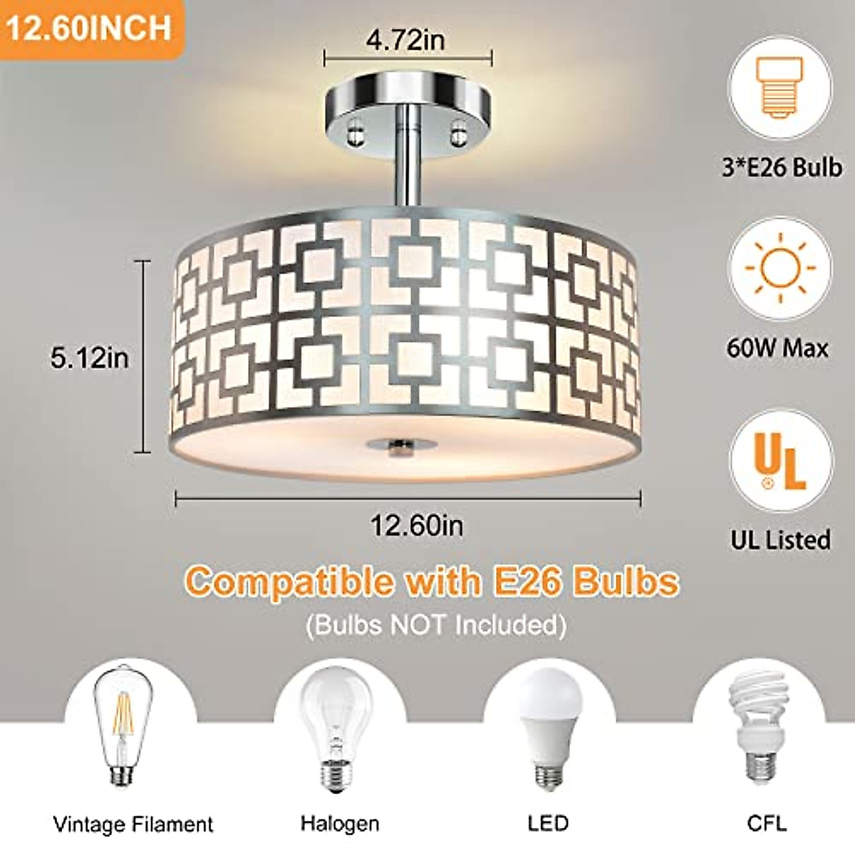 DLLT Semi Flush Mount Ceiling Light, 3-Light Modern Entry Light Fixture Ceiling Hanging with Drum Shade for Bedroom, Dining Room, Kitchen, Hallway, Entry, Living Room, Brushed Chrome Finish